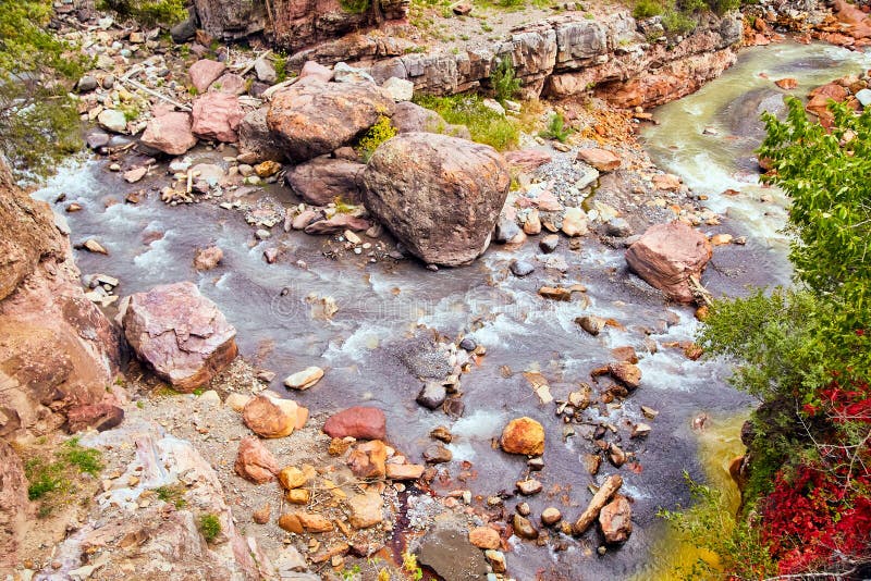 Open River Filled with Boulders from Above Stock Photo - Image of ...