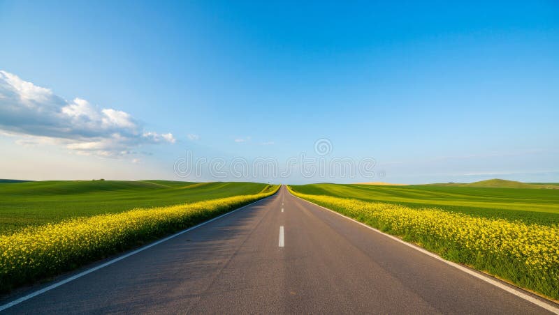 Open Road through Green Fields Under Blue Sky Stock Image - Image of ...