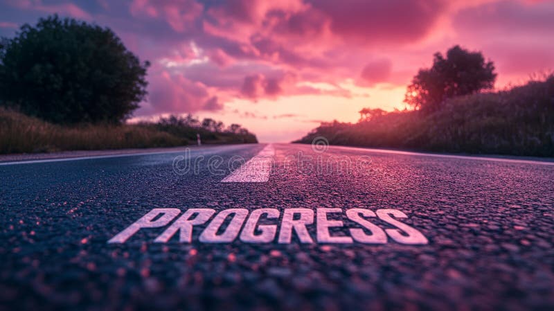 Open Road with Progress Written, Leading into a Vibrant Sunset. Stock ...