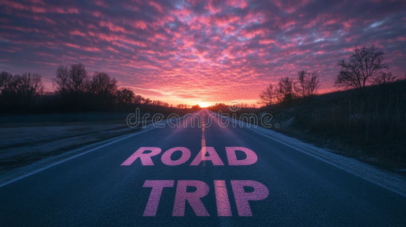 Open Road at Sunset with Road Trip Text Stock Image - Image of asphalt ...