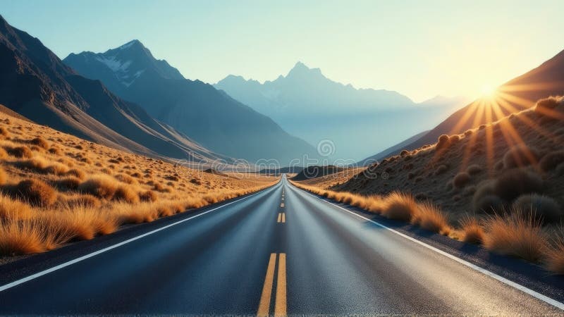 Open Road To the Mountains at Sunrise Stock Illustration - Illustration of destination, open ...