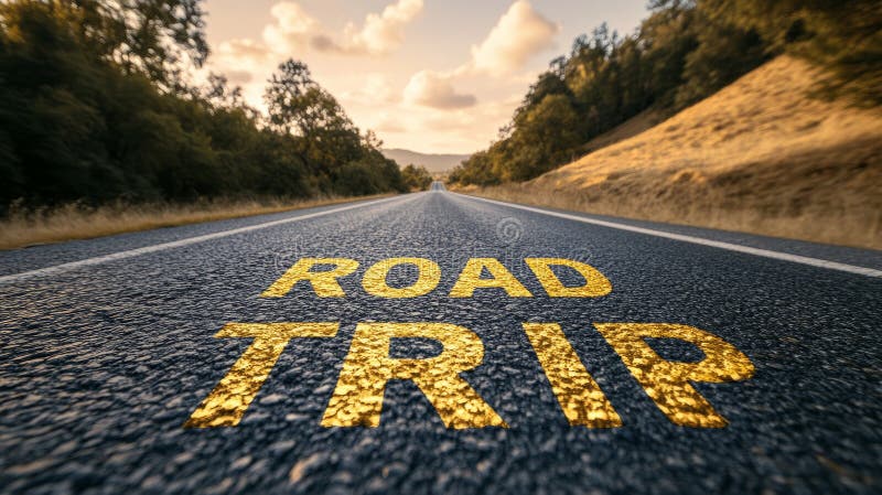 Open Road with Road Trip Text on Asphalt. Stock Image - Image of ...
