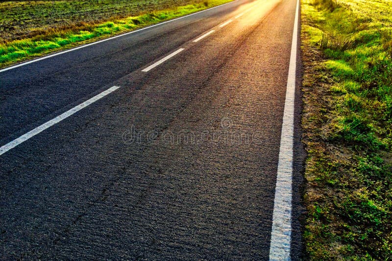 An Open Road with White Lines, Bordered by Sunlit Grassy Fields Stock ...
