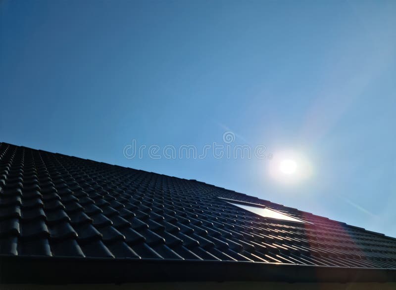 Open Roof Window in Velux Style with Black Roof Tiles Stock Image ...
