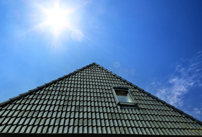 Open Roof Window in Velux Style with Black Roof Tiles Stock Image ...