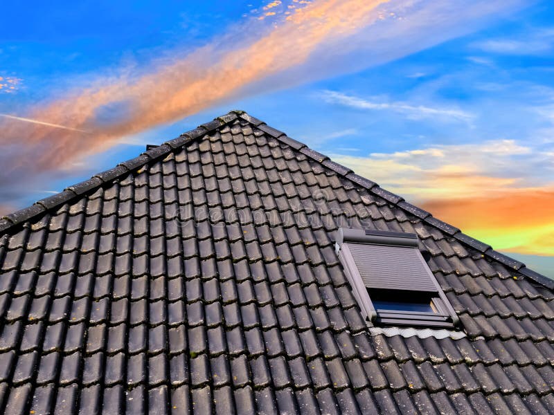 Open Roof Window in Velux Style with Black Roof Tiles Stock Image ...