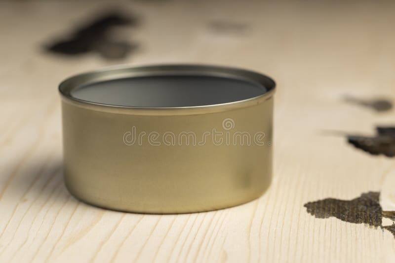 An Open Round Can for Canning on a Wooden Table Stock Photo - Image of ...