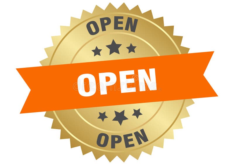 Open. Open Round Orange and Gold Label Isolated on Transparent ...