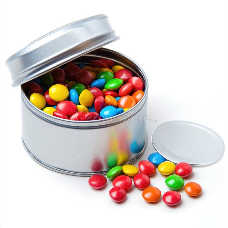 An Open Round Tin Can Filled with Colorful Candies on a White ...