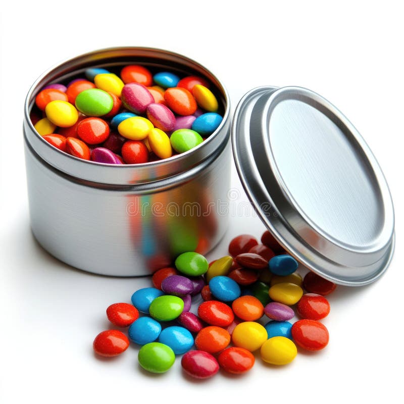 An Open Round Tin Can Filled with Colorful Candies on a White ...