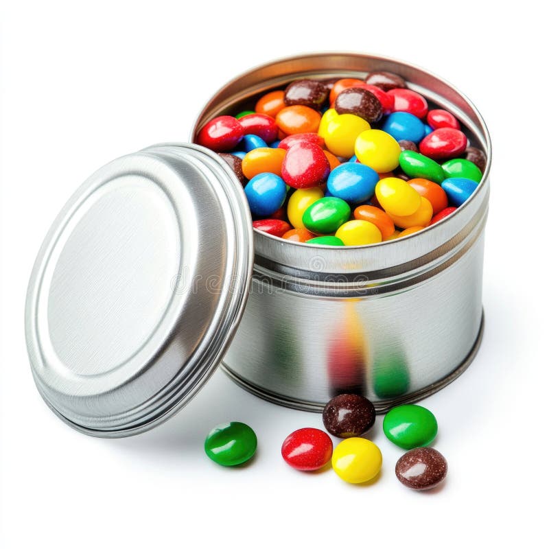 An Open Round Tin Can Filled with Colorful Candies on a White ...