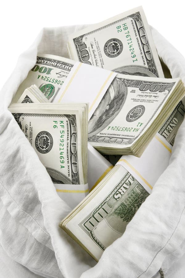 Sack and Money on White Background. American Dollars Stock Photo ...