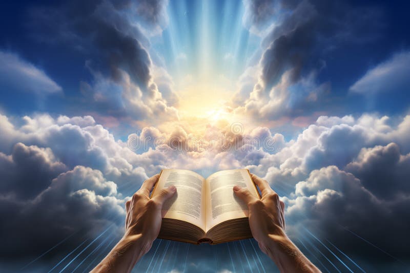 Open Sacred Book Against a Backdrop of Heavenly Light and Clouds Stock ...