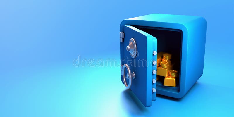 Open Safe Box with Treasure Inside Front View on Blue Pastel Background ...