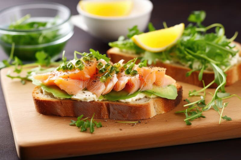 An Open Sandwich with Smoked Fish and Salad Leaves Stock Image - Image ...