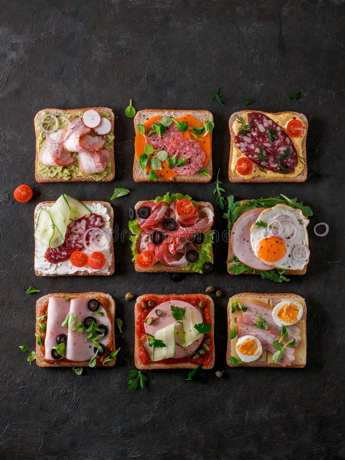 Open Sandwiches with Different Meat, Copy Space Stock Photo - Image of ...