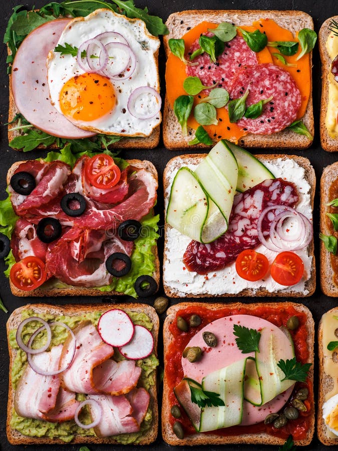 Open Sandwiches with Different Meat, Top View Stock Photo - Image of ...
