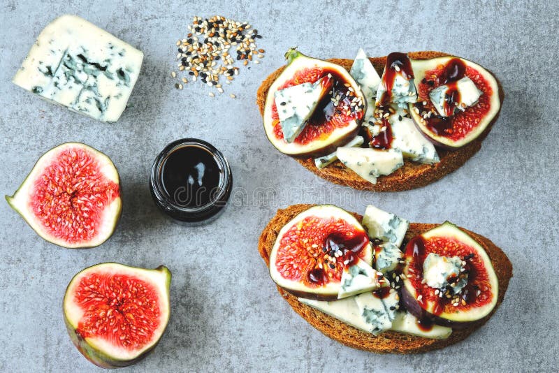 Open Sandwiches with Figs and Blue Cheese. Stock Image - Image of ...