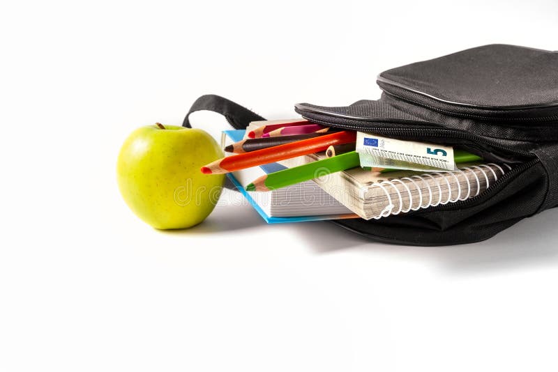 Open School Backpack on an Orange Background. Books, a Notebook and ...