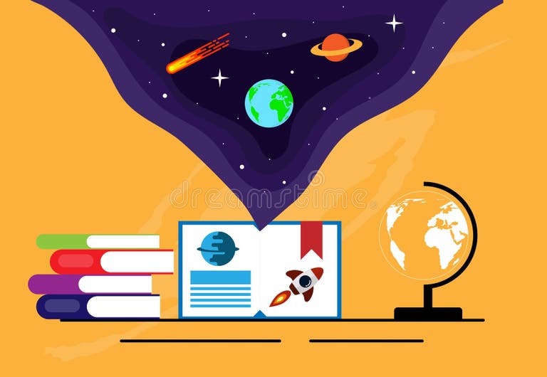 Open Science Book with Space Rocket and Planets Stock Illustration ...