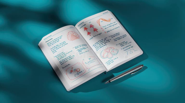 Open Science Notebook with Diagrams and Notes on Teal Background ...