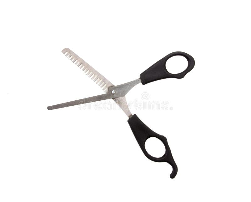 Open Scissors with a Black Plastic Handle on White Stock Photo - Image ...