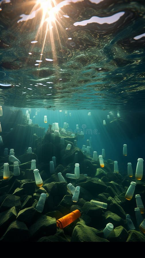 Open Sea Tainted by Plastic Bottles and Microplastics, Symbolizing ...
