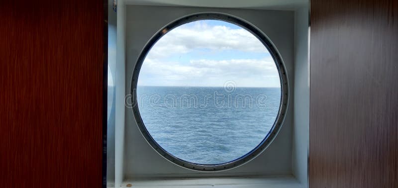 Open Sea View from the Round Window of the Ship. Stock Image - Image of ...