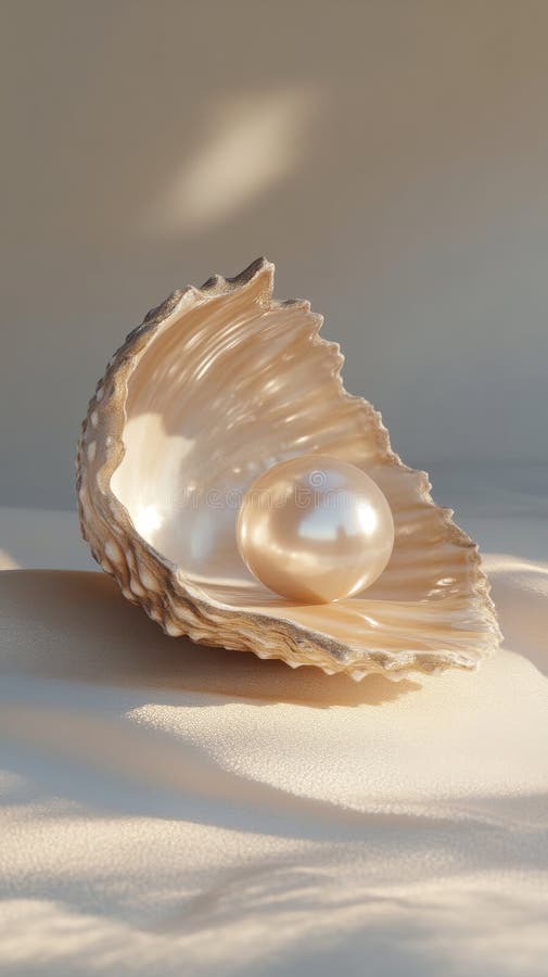 Open Seashell with a Pearl on a Beige Fabric Background, Soft Light ...