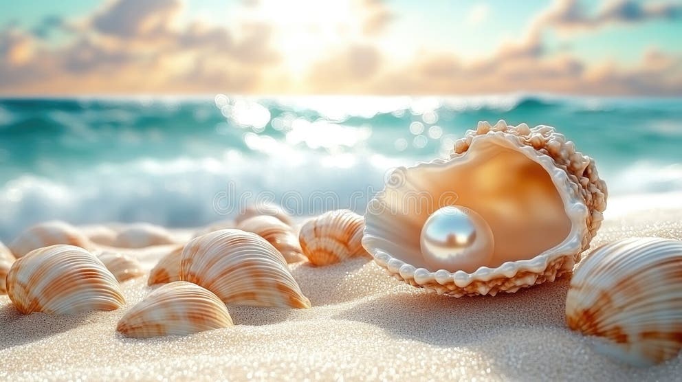 Open Seashell with Pearl on Sandy Beach at Sunrise Stock Photo - Image ...