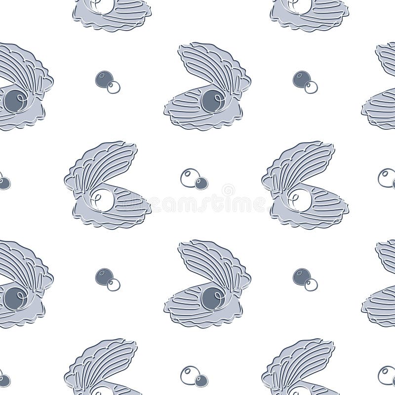 Open Seashell with Pearl Seamless Pattern in Line Art. Continuous One ...