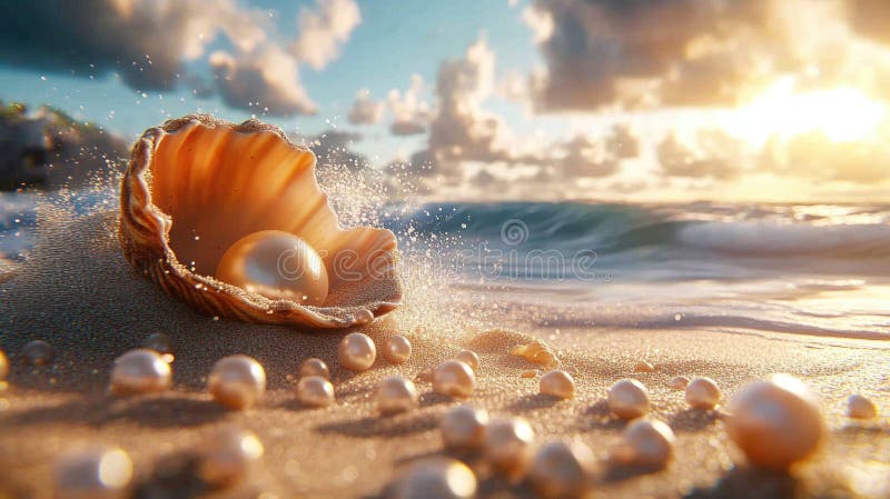 Open Seashell with Pearls on Sandy Beach at Sunset with Waves in ...