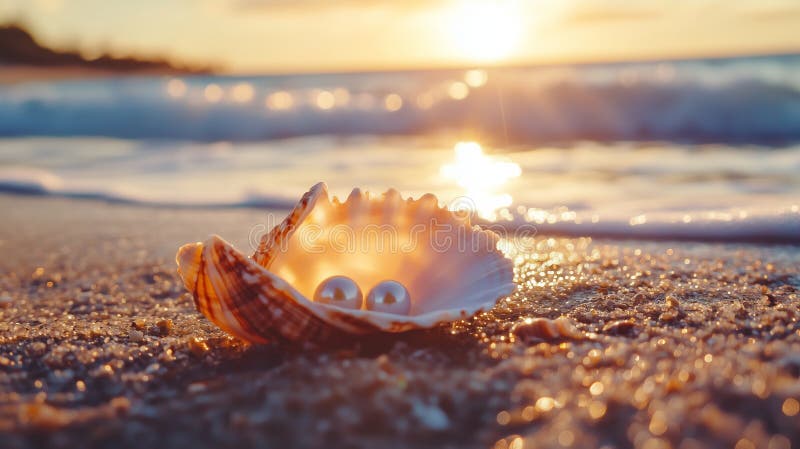 Open Seashell with Pearls on Sandy Beach at Sunset with Waves in ...
