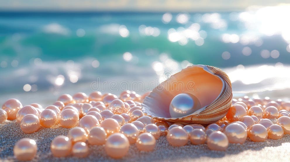 Open Seashell with Pearls on Sunlit Beach Shoreline Waves Stock Image ...