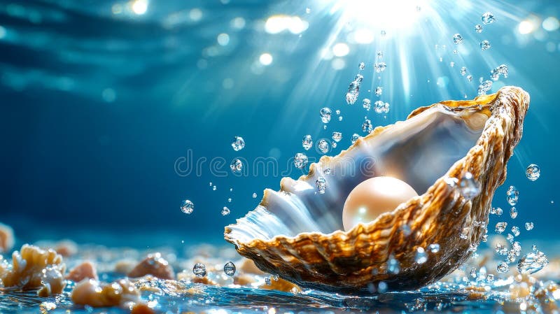 Open Seashell with Shining Pearl Underwater and Sunlight Stock Image ...