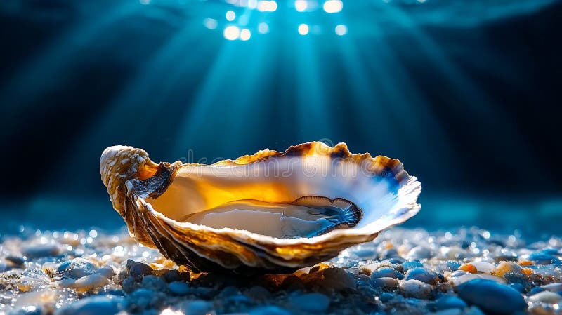 Open Seashell Underwater with Sun Rays on Ocean Floor Stock Image ...
