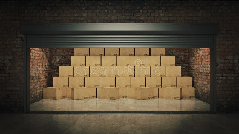 Open Self Storage Unit Full of Cardboard Boxes. 3d Rendering Stock ...