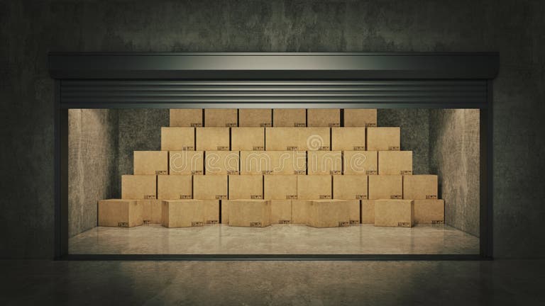 Open Self Storage Unit Full of Cardboard Boxes. 3d Rendering Stock ...