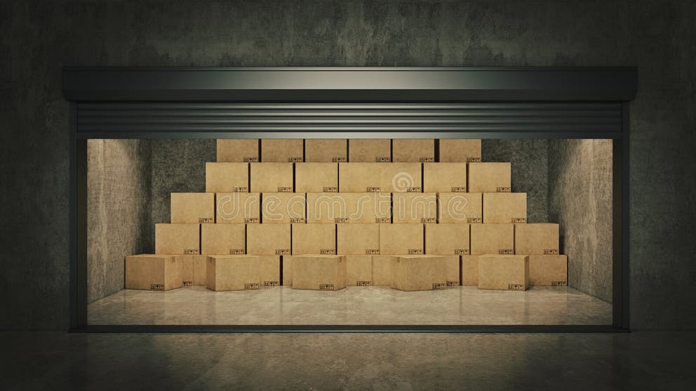 Open Self Storage Unit Full of Cardboard Boxes. 3d Rendering Stock ...