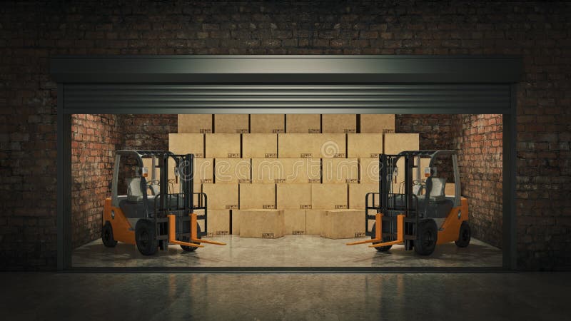 Open Self Storage Unit Full of Cardboard Boxes with Truck. 3d Rendering ...