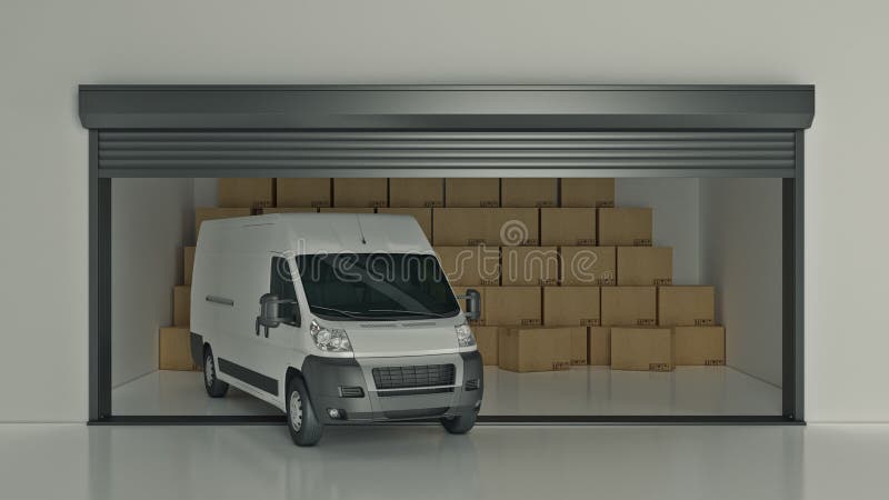Open Self Storage Unit Full of Cardboard Boxes with Truck. 3d Rendering ...