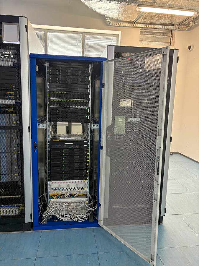 Open Server Rack Filled with Multiple Networking and Data Storage ...