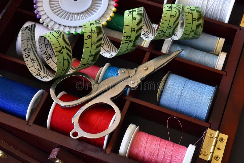 Open Sewing Textile Box with Needles and Threads Stock Image - Image of ...