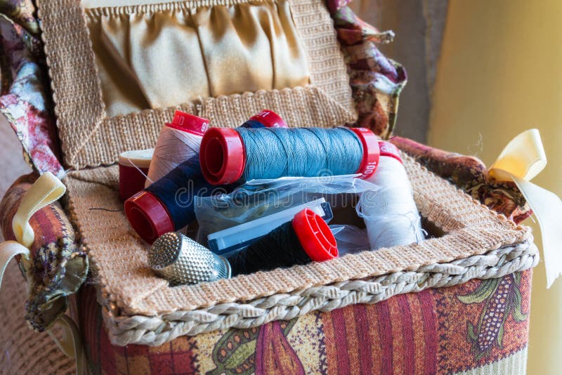 Open Sewing Textile Box with Needles and Threads Stock Image - Image of ...