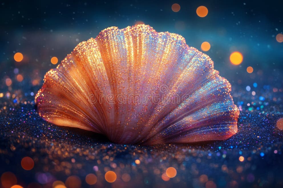 Open Shell with Glittery Surface Laying on Dark Sand with Bokeh Effect ...