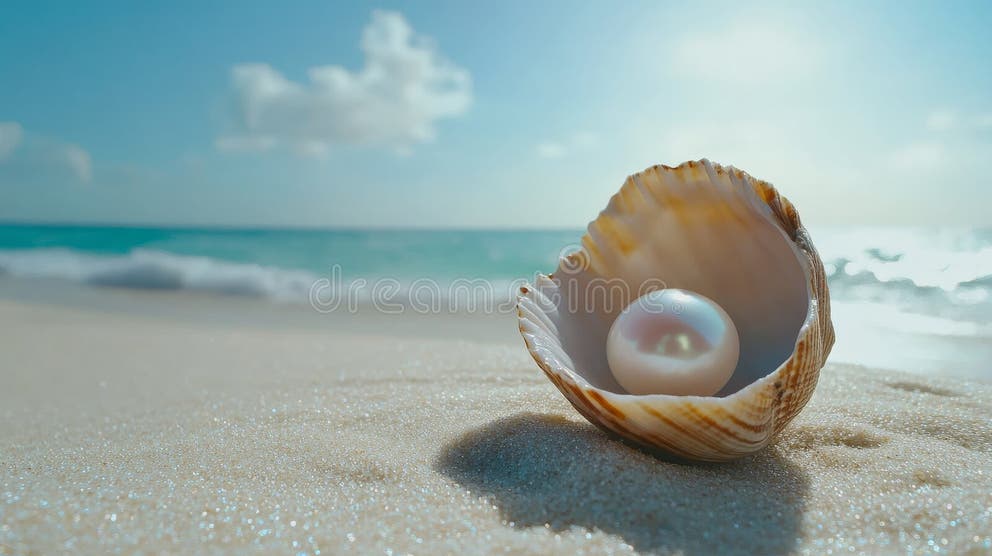 Open Shell with Pearl on Sandy Beach Under Clear Sky Stock Photo ...