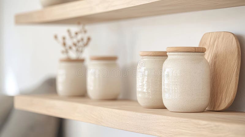 Open Shelving Displaying Ceramic Storage Containers Featuring Wooden ...