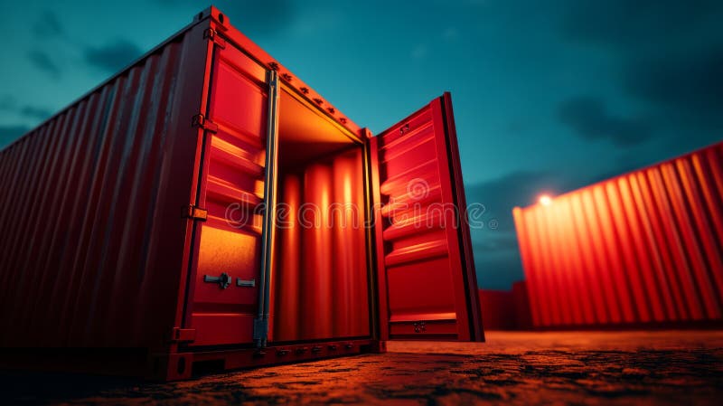 Open Shipping Container at Dusk with Warm Orange Light and Dramatic ...