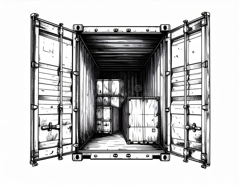 Open Shipping Container Illustration Black and White Stock Illustration ...