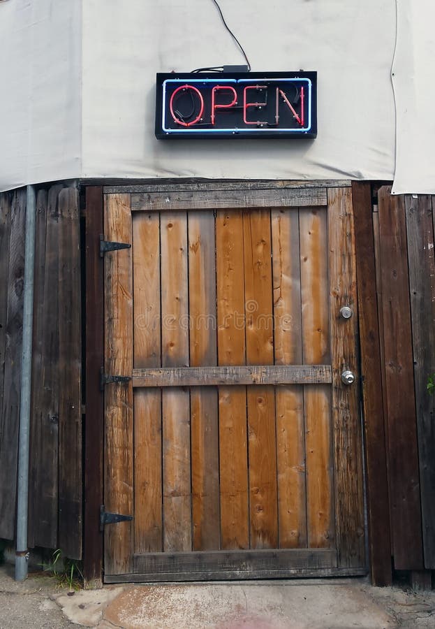 Open Sign Above Rustic Wood Door Stock Image - Image of distressed ...